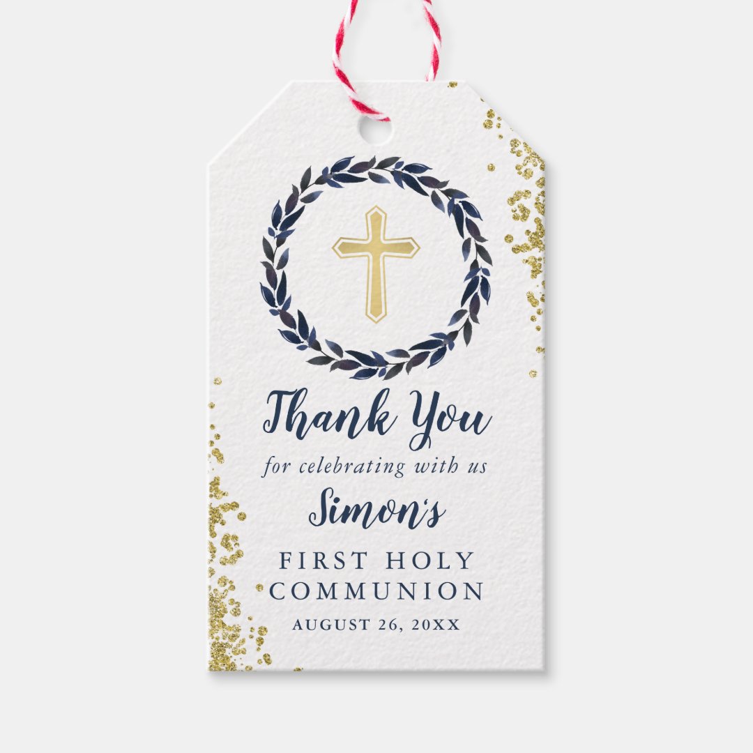 Navy Blue Wreath Gold Glitter First Holy Communion Gift Tags | Zazzle