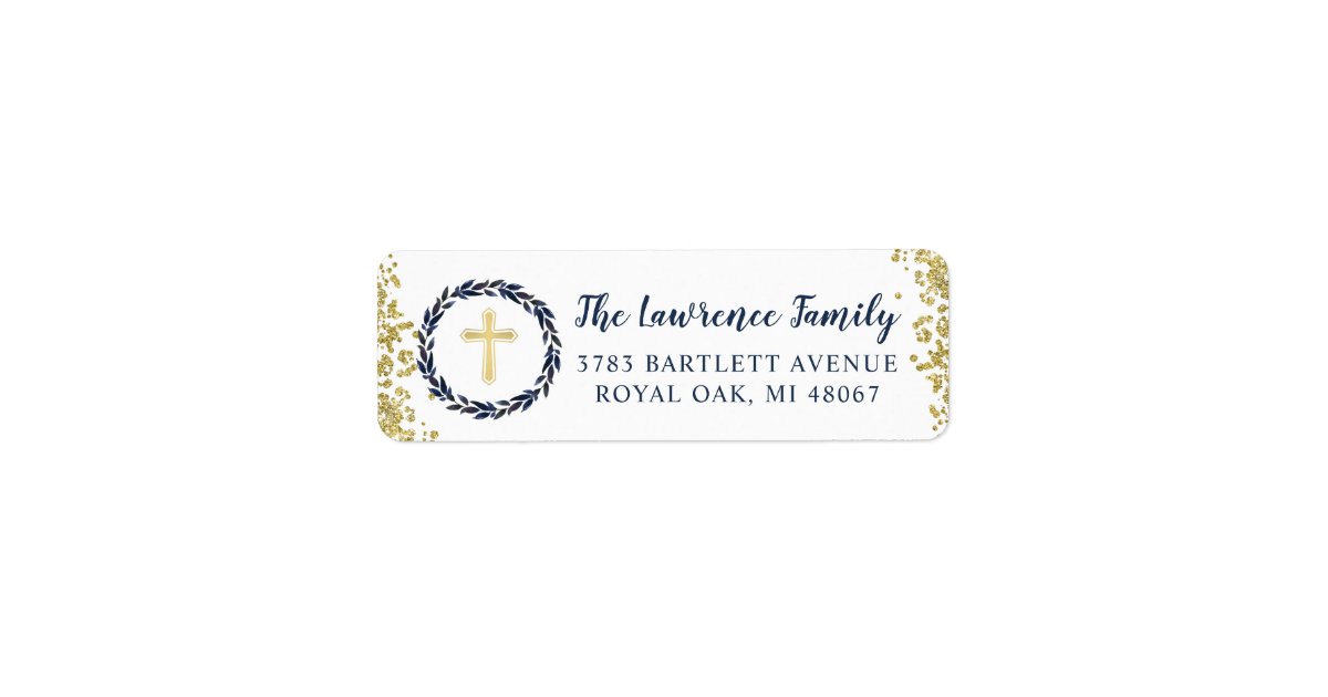 Navy Blue Wreath Gold Religious Return Address Label | Zazzle.com