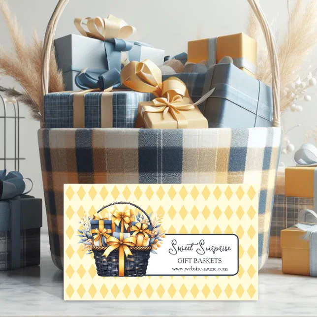 Navy Blue Yellow Gift Basket Business Card | Zazzle