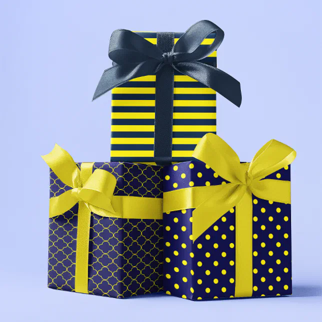 Navy Blue Yellow Patterned Wrapping Paper Sheets | Zazzle