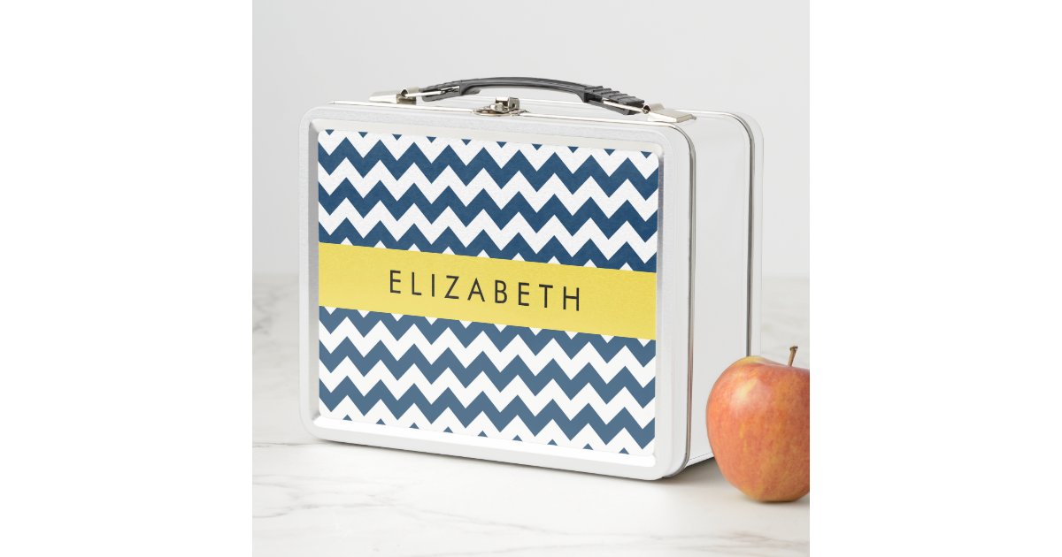 Navy Blue Zigzag, Navy Blue Chevron, Your Name Metal Lunch Box | Zazzle