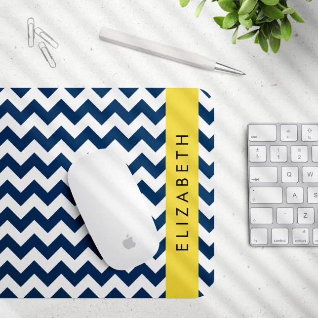 Navy Blue Zigzag, Navy Blue Chevron, Your Name Mouse Pad | Zazzle