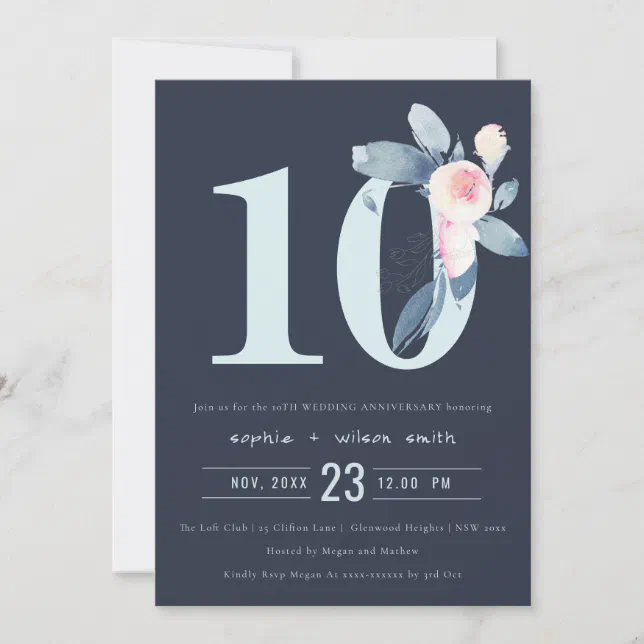 Navy Blush Blue Floral 10th Any Year Anniversary Invitation Zazzle