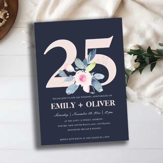 NAVY BLUSH BLUE FLORAL 25TH ANY YEAR ANNIVERSARY INVITATION | Zazzle