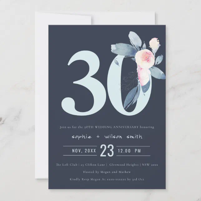 NAVY BLUSH BLUE FLORAL 30TH ANY YEAR ANNIVERSARY INVITATION | Zazzle