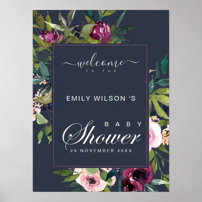 NAVY BLUSH BURGUNDY FLORAL BABY SHOWER WELCOME POSTER | Zazzle