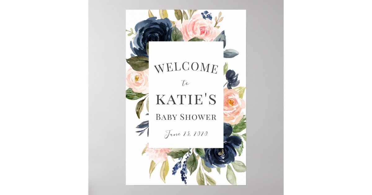 Navy & Blush Floral Baby Shower Welcome Poster | Zazzle