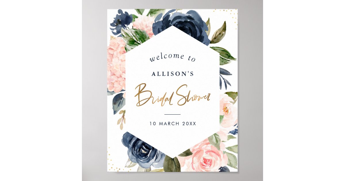 Navy & blush floral bridal shower welcome sign | Zazzle