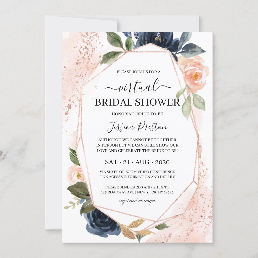 Navy Blush Floral Geometric Virtual Bridal Shower Invitation | Zazzle
