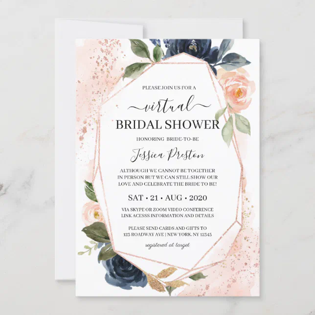 Navy Blush Floral Geometric Virtual Bridal Shower Invitation | Zazzle