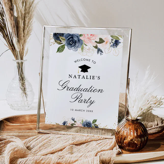 Navy blush floral graduation party welcome sign | Zazzle