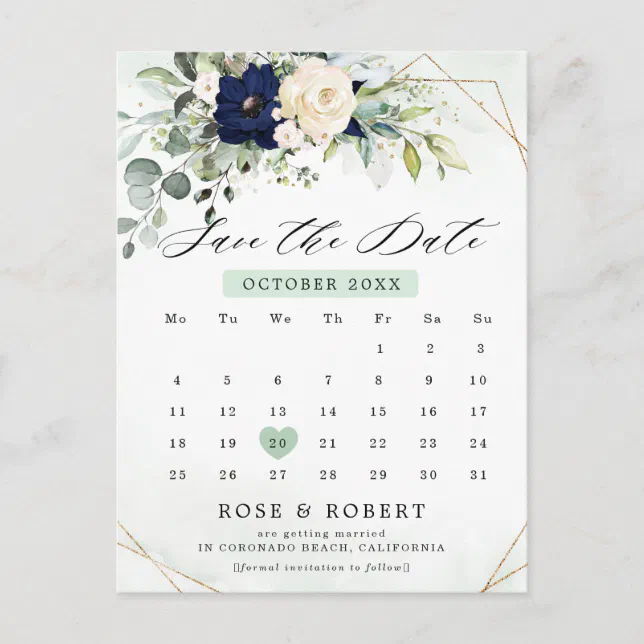 Navy Blush Floral Greenery Calendar Save the Date Postcard | Zazzle