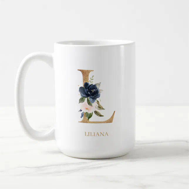 Navy Blush Floral Monogram Letter "L" Personalized Coffee Mug | Zazzle