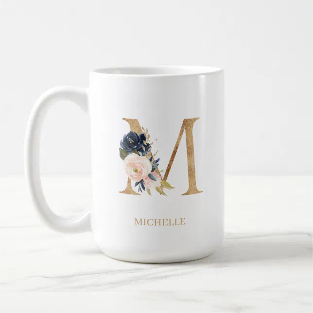 Navy Blush Floral Monogram Letter "M" Personalized Coffee Mug | Zazzle