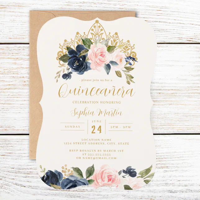 Navy Blush Floral Tiara Quinceanera Invitation | Zazzle