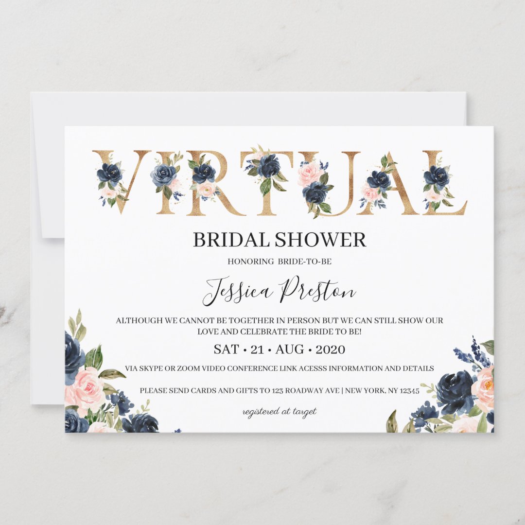 Navy Blush Floral Virtual Bridal Shower Invitation | Zazzle