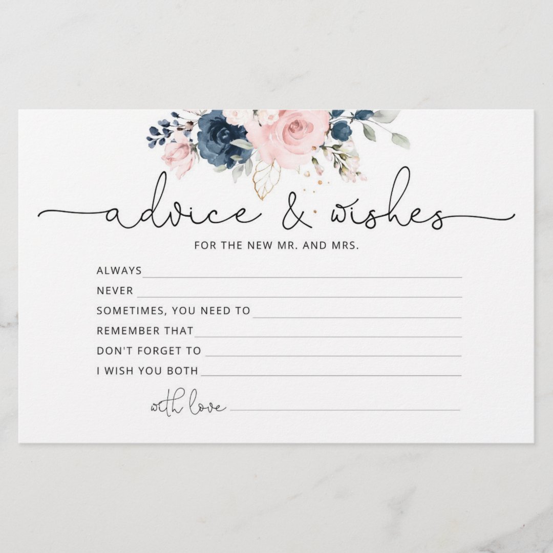 Navy blush floral wedding Advice and wishes card | Zazzle