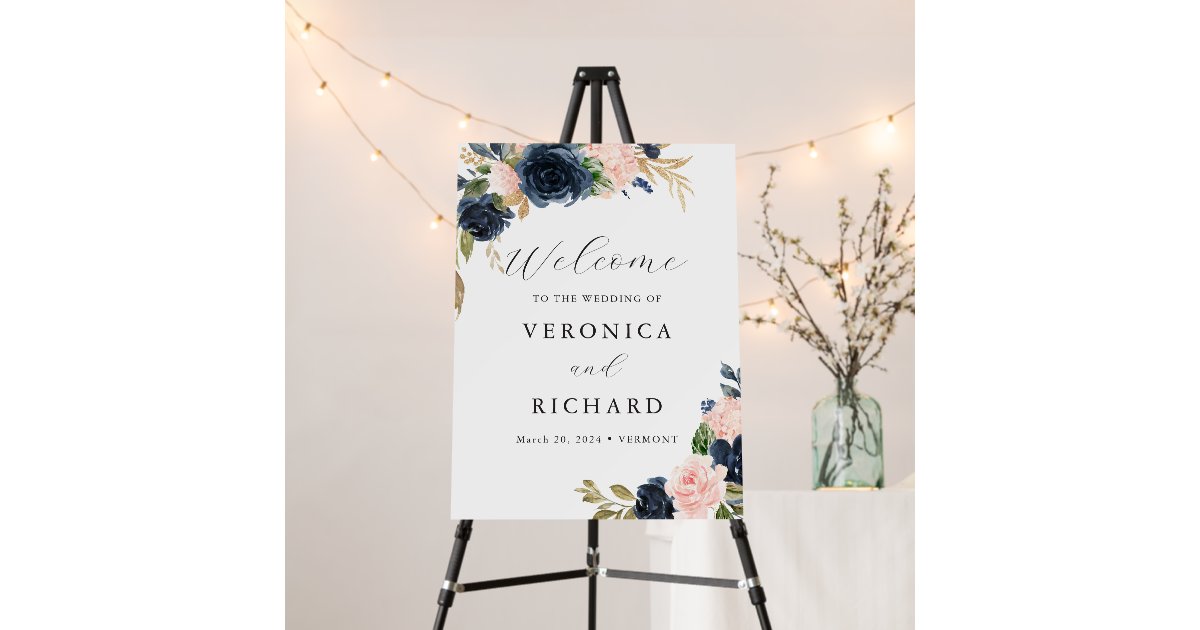 Navy Blush Floral Welcome Sign Foam Board | Zazzle