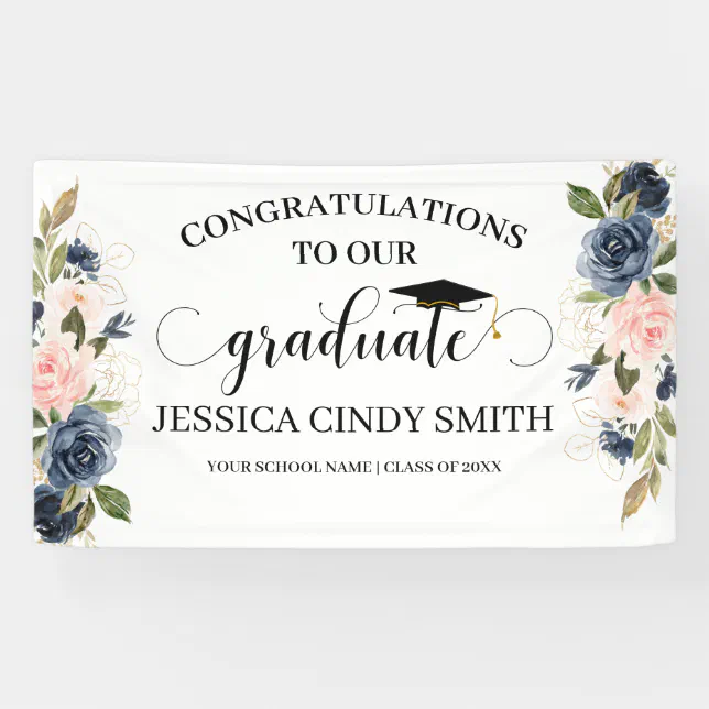 Navy Blush Gold Floral Graduate Graduation Party Banner | Zazzle