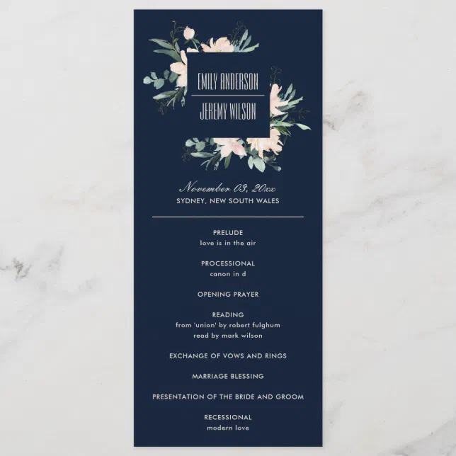 NAVY BLUSH GOLD FLORAL WEDDING CEREMONY PROGRAM | Zazzle