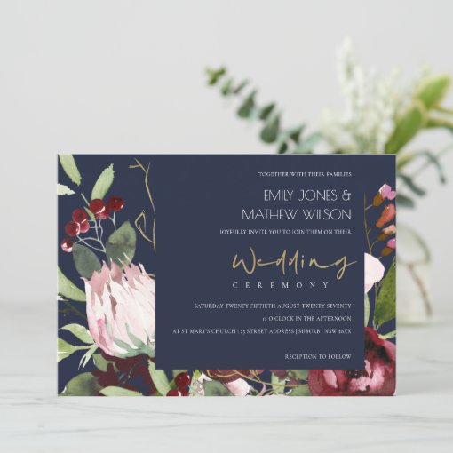 NAVY BLUSH PINK BURGUNDY PROTEA FLORAL WEDDING INVITATION | Zazzle