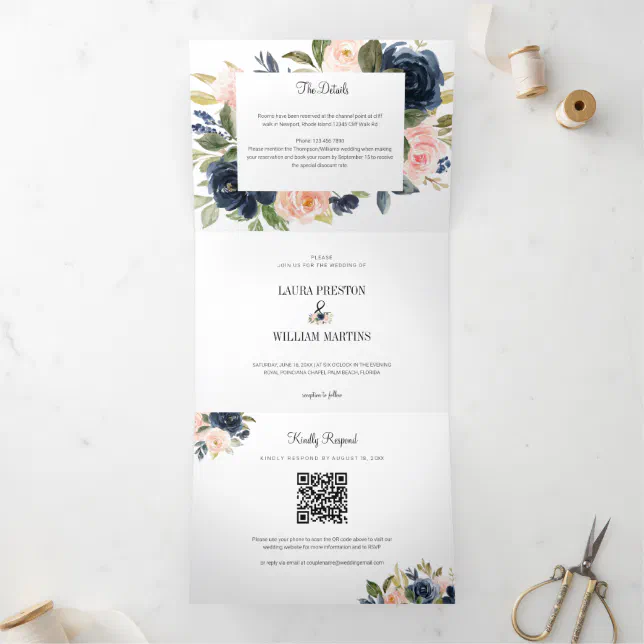 Navy Blush Pink Floral Wedding Photo RSVP QR Code Tri-Fold Invitation ...