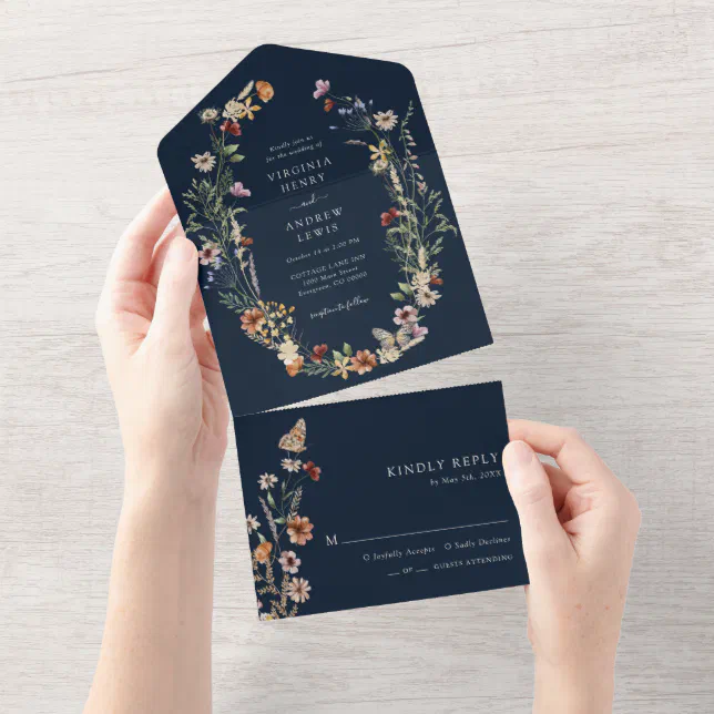 Navy Boho Floral All in One Wedding Invite | Zazzle