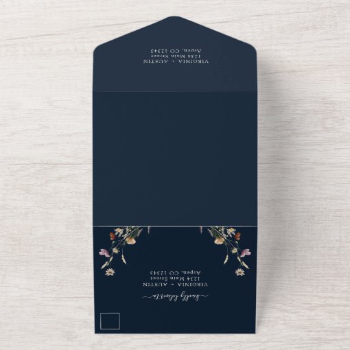 Navy Boho Floral All in One Wedding Invite | Zazzle
