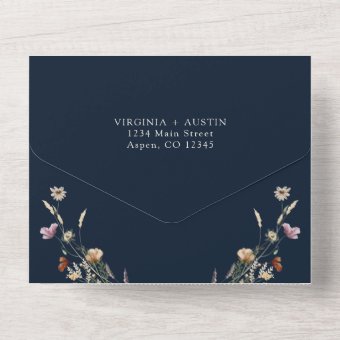 Navy Boho Floral All in One Wedding Invite | Zazzle