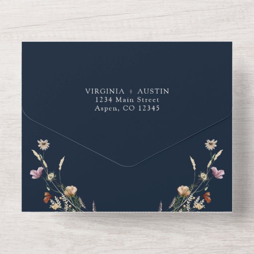 Navy Boho Floral All in One Wedding Invite | Zazzle