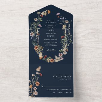 Navy Boho Floral All in One Wedding Invite | Zazzle