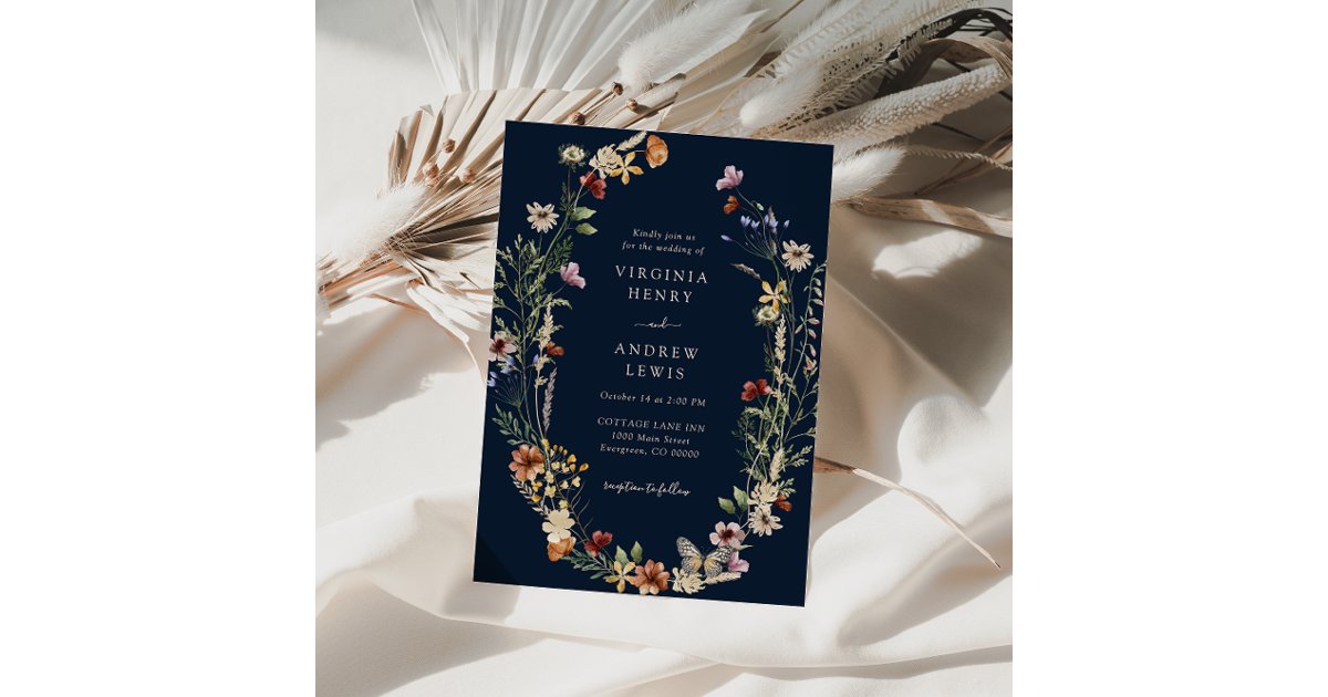 Navy Boho Floral Wedding Invitation | Zazzle