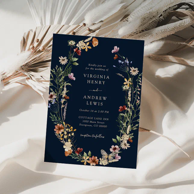 Navy Boho Floral Wedding Invitation | Zazzle