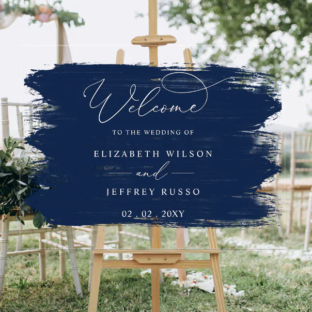 Navy Brush Strokes Wedding Welcome Sign | Zazzle