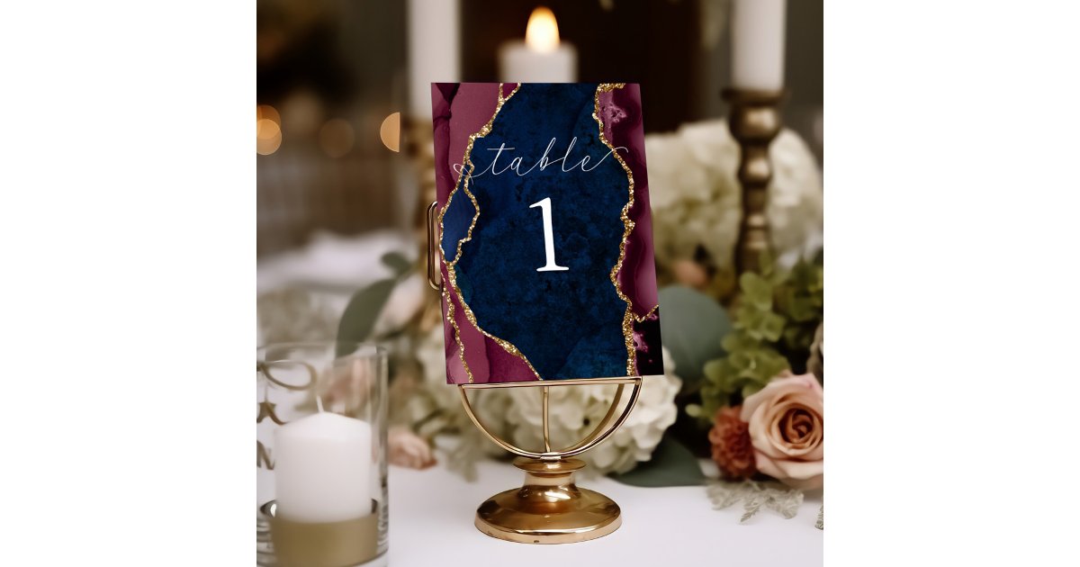 Navy, Burgundy & Gold Agate Table Card | Zazzle
