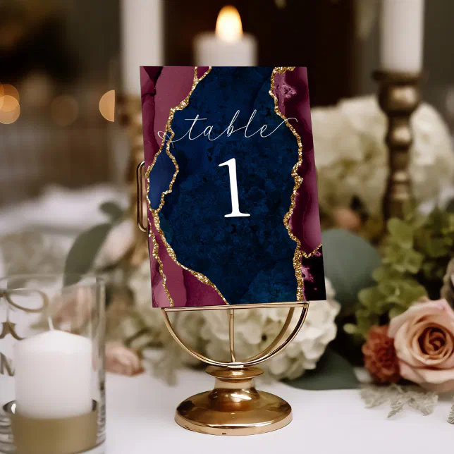 Navy, Burgundy & Gold Agate Table Card | Zazzle