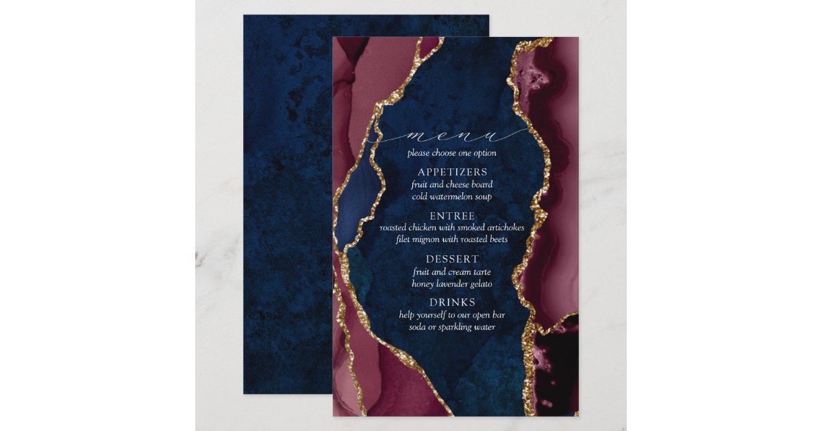 Navy, Burgundy & Gold Agate Wedding Menu | Zazzle