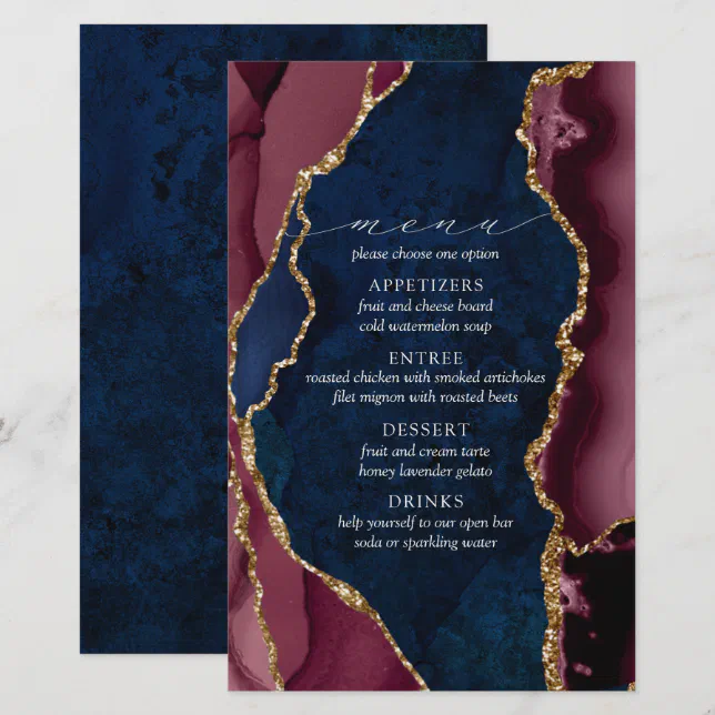 Navy, Burgundy & Gold Agate Wedding Menu | Zazzle