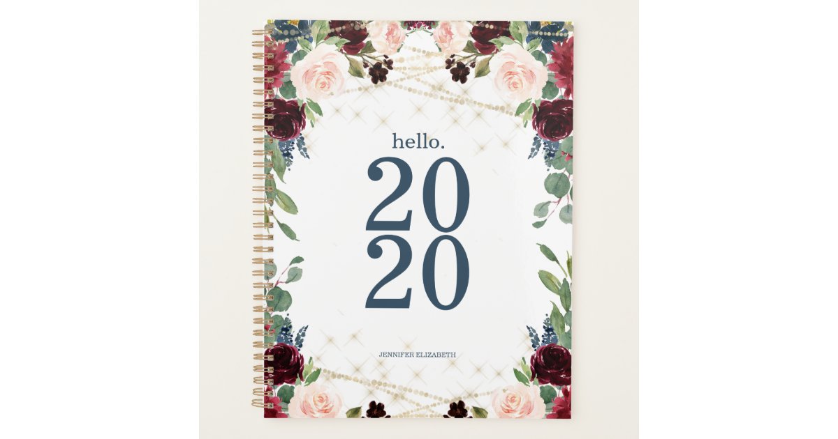 Navy Burgundy Watercolor Floral Hello 2020 Cute Planner | Zazzle