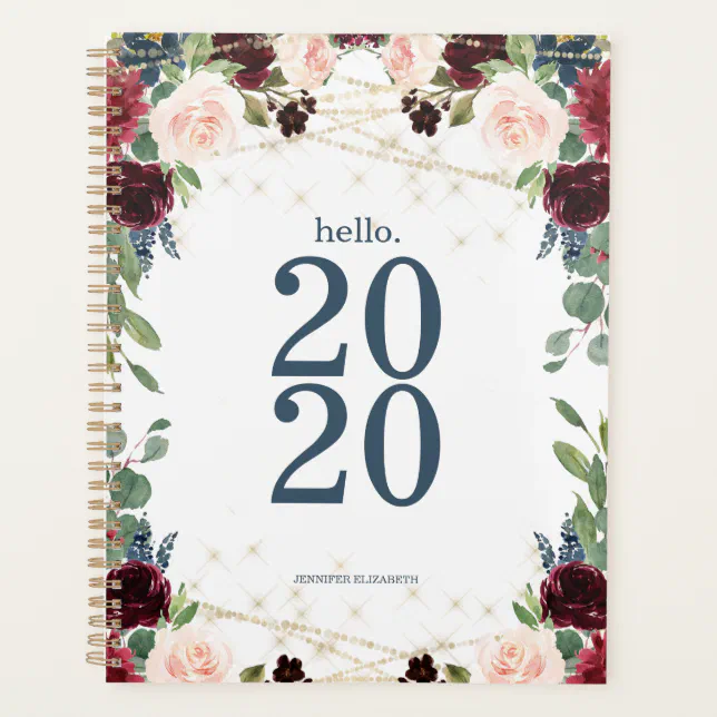 Navy Burgundy Watercolor Floral Hello 2020 Cute Planner | Zazzle