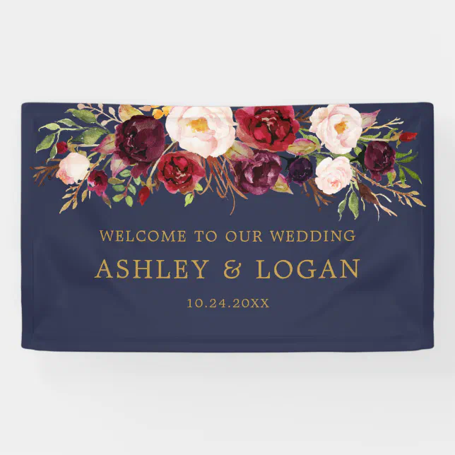 Navy Burgundy Watercolor Floral Wedding Welcome Banner | Zazzle