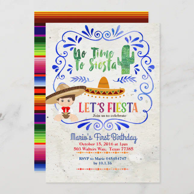 Navy Cactus Boy Mexican Fiesta 1st Birthday Invitation | Zazzle