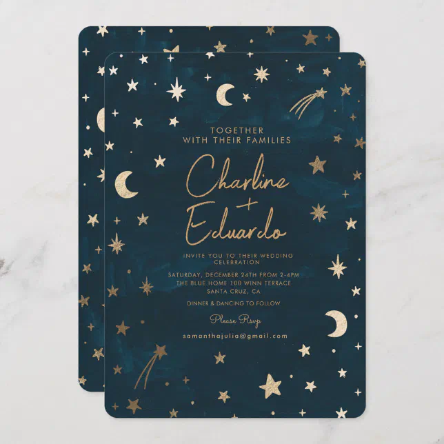 Navy Celestial Gold Stars Moon Astronomy Wedding Invitation | Zazzle