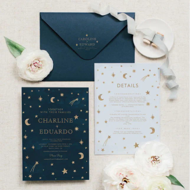 Navy Celestial Gold Stars Moon Elegant Wedding Invitation | Zazzle