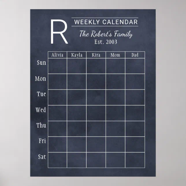 Navy Chalkboard Weekly Family Monogram Calendar Poster | Zazzle