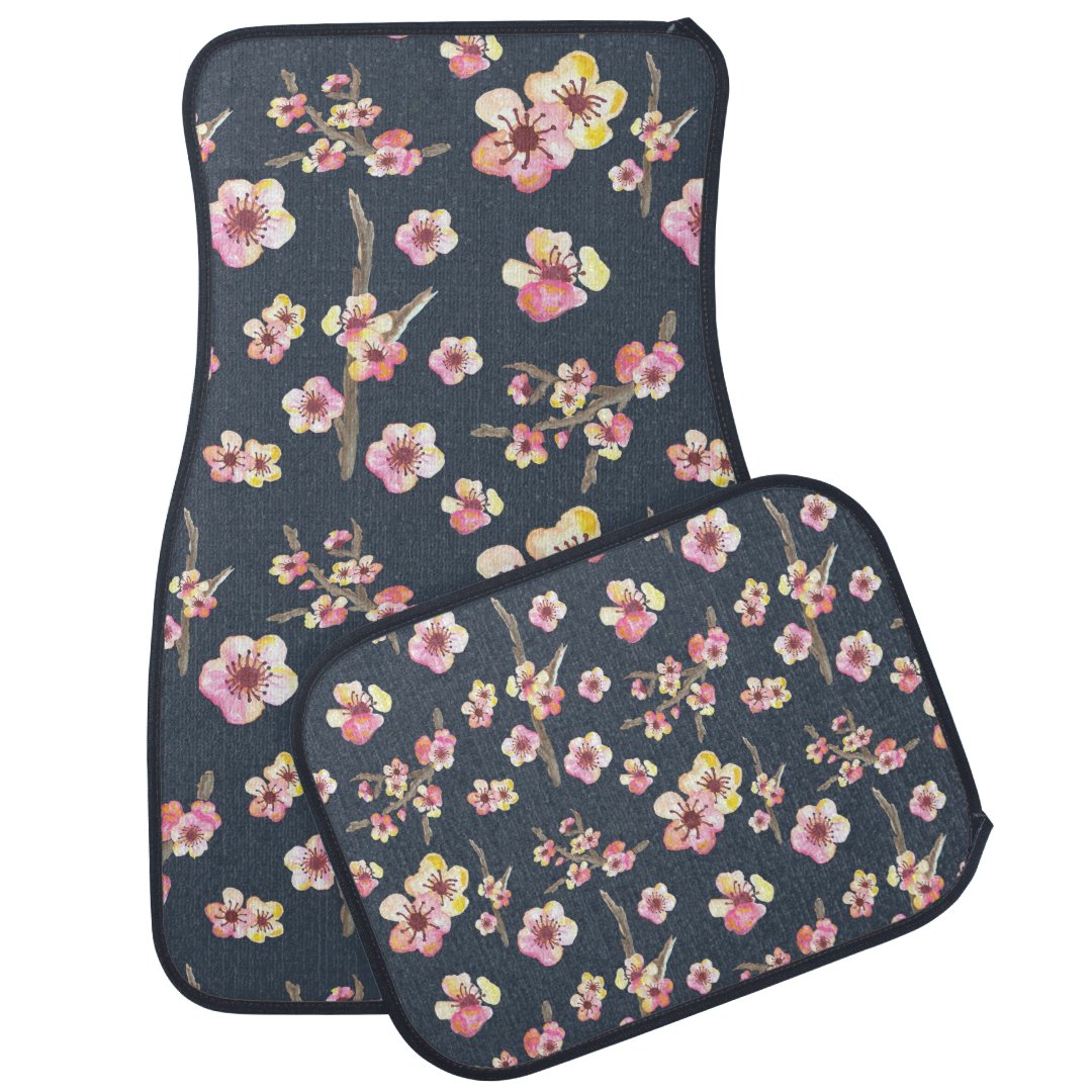 Navy Cherry Blossom Floral Car Mat | Zazzle