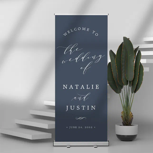 Navy | Chic Calligraphy Wedding Welcome Retractable Banner | Zazzle