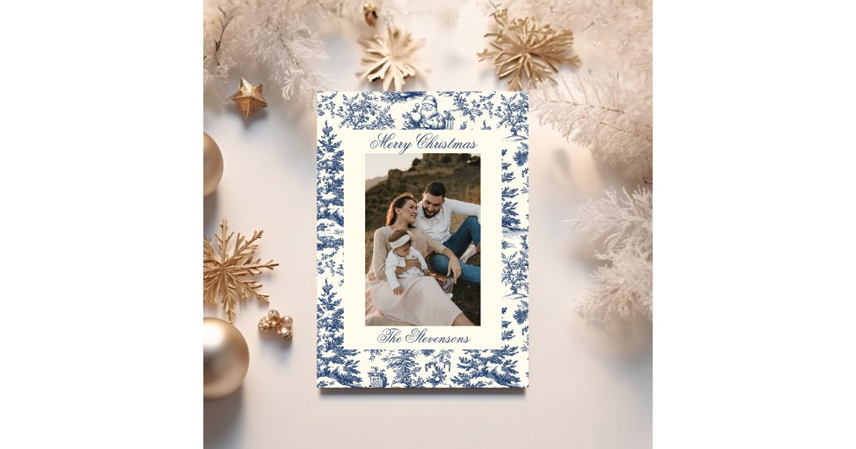 Navy Chinoiserie Toile De Jouy Photo Christmas Holiday Card | Zazzle