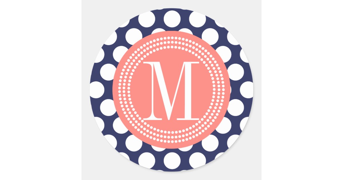 Navy & Coral Big Polka Dots Monogrammed Classic Round Sticker | Zazzle