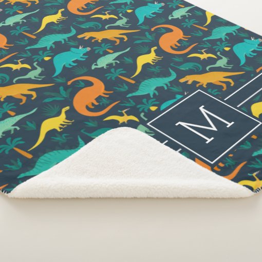 Navy | Cute Colorful Dinosaur Pattern Kid Monogram Sherpa Blanket | Zazzle